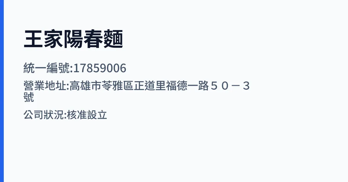 王家陽春麵 - 統編 17859006(高雄市) 公司登記資料與營業項目詳細圖表
