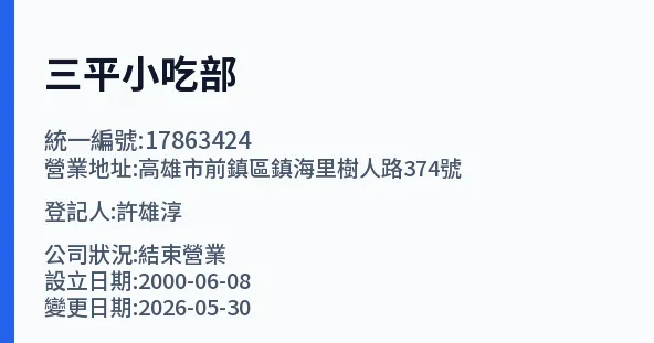 三平小吃部的照片-統編 17863424(高雄市) 公司登記資料與營業項目詳細圖表
