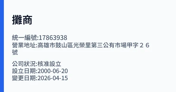 攤商的照片-統編 17863938(高雄市) 公司登記資料與營業項目詳細圖表