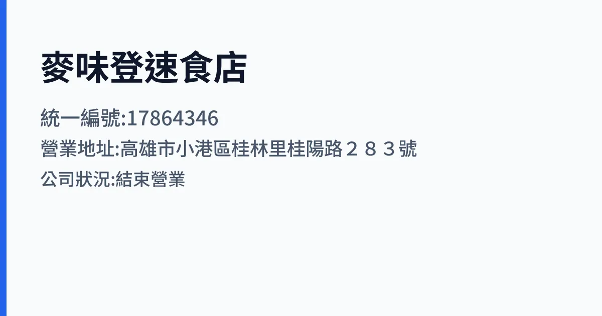 麥味登速食店 - 統編 17864346(高雄市) 公司登記資料與營業項目詳細圖表