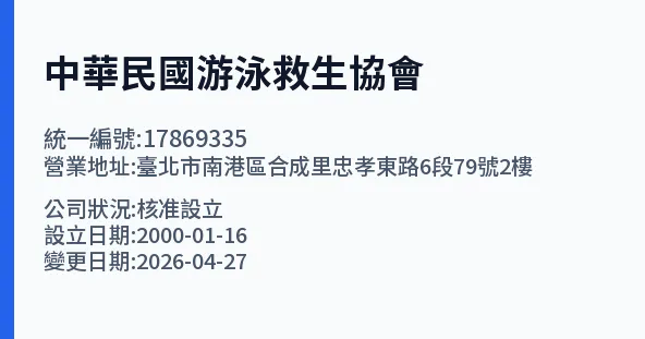 中華民國游泳救生協會的照片-統編 17869335(臺北市) 公司登記資料與營業項目詳細圖表