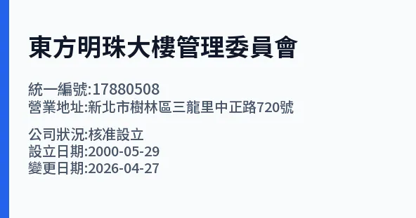 東方明珠大樓管理委員會的照片-統編 17880508(新北市) 公司登記資料與營業項目詳細圖表