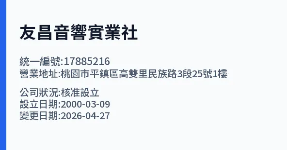 友昌音響實業社的照片-統編 17885216(桃園市) 公司登記資料與營業項目詳細圖表