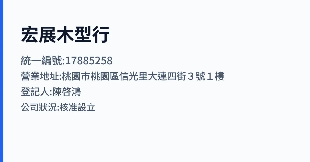 宏展木型行 - 統編 17885258(桃園市) 公司登記資料與營業項目詳細圖表