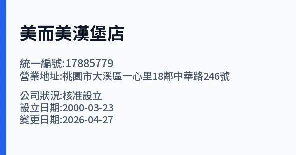 美而美漢堡店的照片-統編 17885779(桃園市) 公司登記資料與營業項目詳細圖表