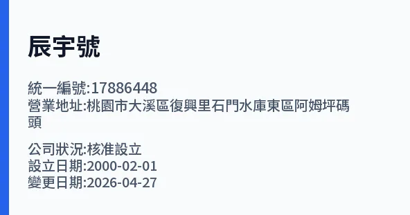 辰宇號的照片-統編 17886448(桃園市) 公司登記資料與營業項目詳細圖表