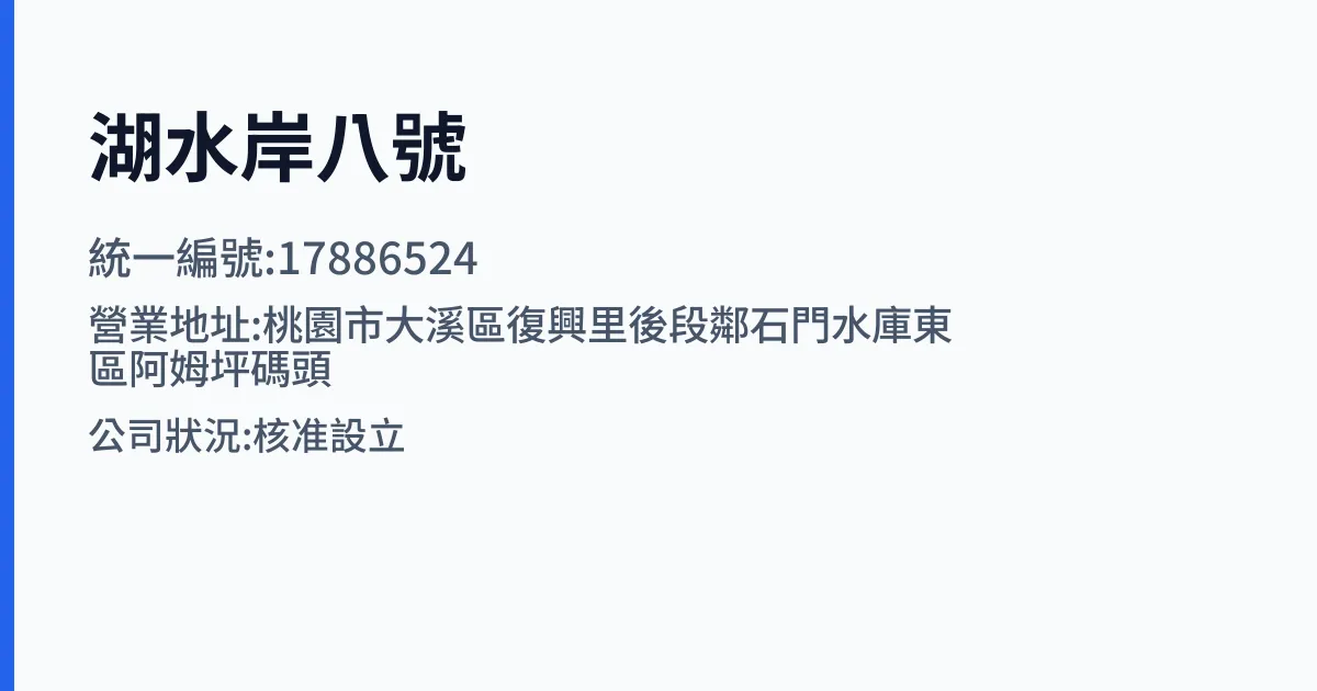 湖水岸八號 - 統編 17886524(桃園市) 公司登記資料與營業項目詳細圖表