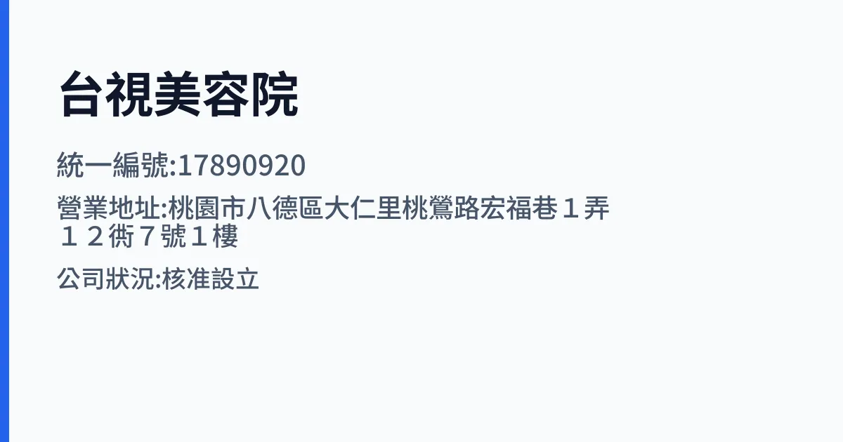 台視美容院 - 統編 17890920(桃園市) 公司登記資料與營業項目詳細圖表