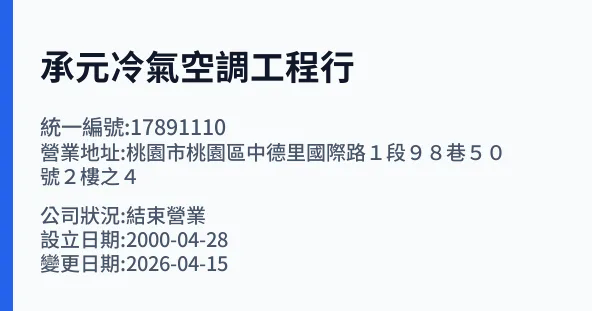 承元冷氣空調工程行的照片-統編 17891110(桃園市) 公司登記資料與營業項目詳細圖表