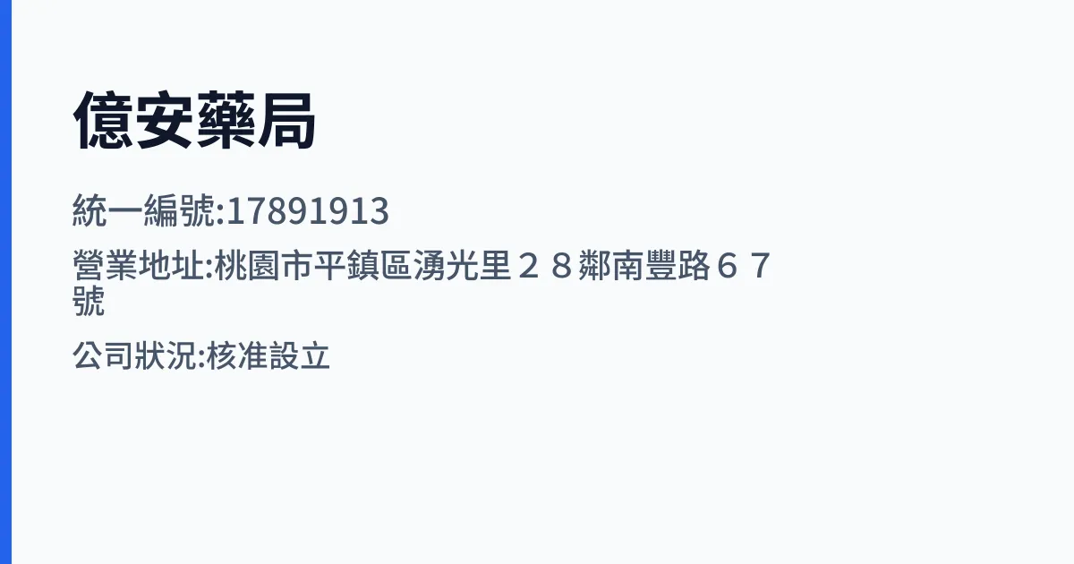 億安藥局 - 統編 17891913(桃園市) 公司登記資料與營業項目詳細圖表
