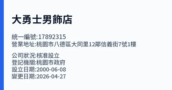 大勇士男飾店的照片-統編 17892315(桃園市) 公司登記資料與營業項目詳細圖表