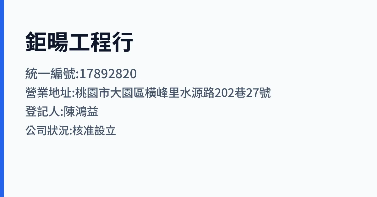 鉅暘工程行 - 統編 17892820(桃園市) 公司登記資料與營業項目詳細圖表
