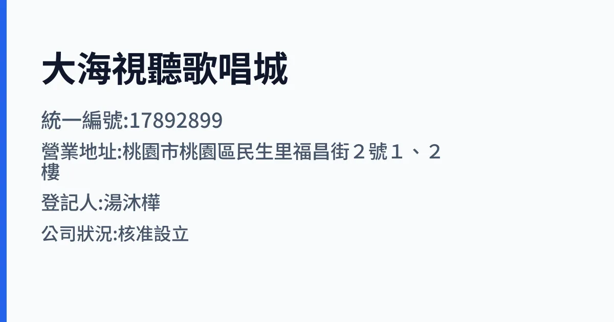 大海視聽歌唱城 - 統編 17892899(桃園市) 公司登記資料與營業項目詳細圖表