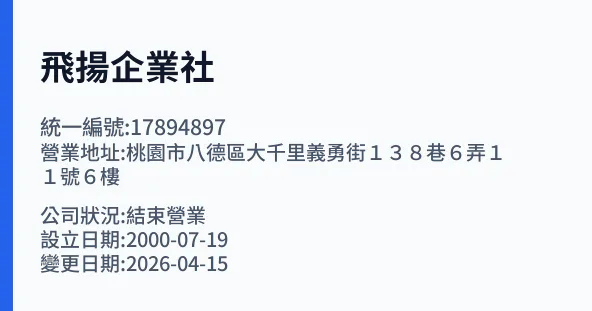 飛揚企業社的照片-統編 17894897(桃園市) 公司登記資料與營業項目詳細圖表