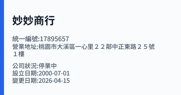 妙妙商行的照片-統編 17895657(桃園市) 公司登記資料與營業項目詳細圖表