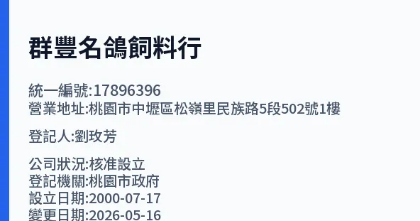 群豐名鴿飼料行的照片-統編 17896396(桃園市) 公司登記資料與營業項目詳細圖表