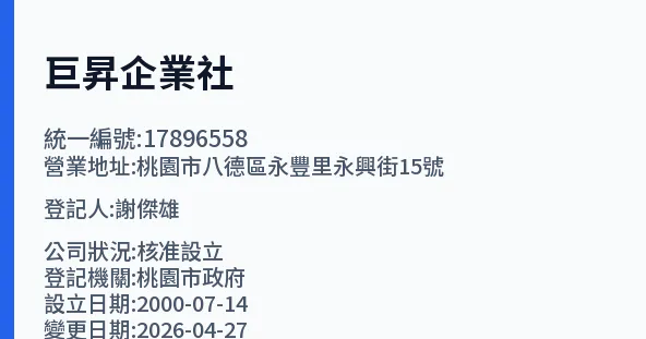 巨昇企業社的照片-統編 17896558(桃園市) 公司登記資料與營業項目詳細圖表
