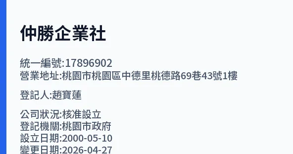 仲勝企業社的照片-統編 17896902(桃園市) 公司登記資料與營業項目詳細圖表
