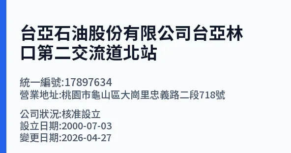 台亞石油股份有限公司台亞林口第二交流道北站的照片-統編 17897634(桃園市) 公司登記資料與營業項目詳細圖表
