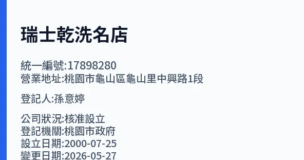 瑞士乾洗名店的照片-統編 17898280(桃園市) 公司登記資料與營業項目詳細圖表