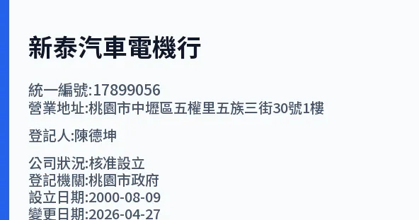 新泰汽車電機行的照片-統編 17899056(桃園市) 公司登記資料與營業項目詳細圖表