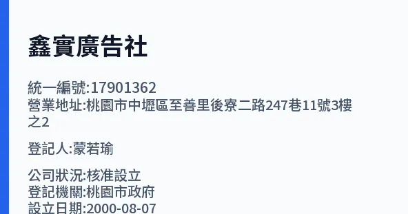 鑫實廣告社的照片-統編 17901362(桃園市) 公司登記資料與營業項目詳細圖表