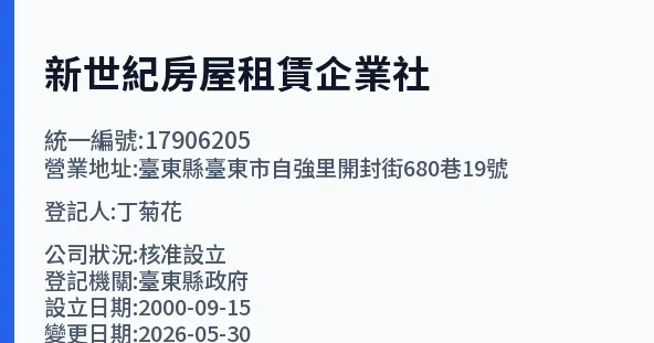 新世紀房屋租賃企業社的照片-統編 17906205(臺東縣) 公司登記資料與營業項目詳細圖表