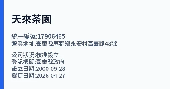 天來茶園的照片-統編 17906465(臺東縣) 公司登記資料與營業項目詳細圖表