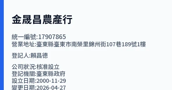 金晟昌農產行的照片-統編 17907865(臺東縣) 公司登記資料與營業項目詳細圖表