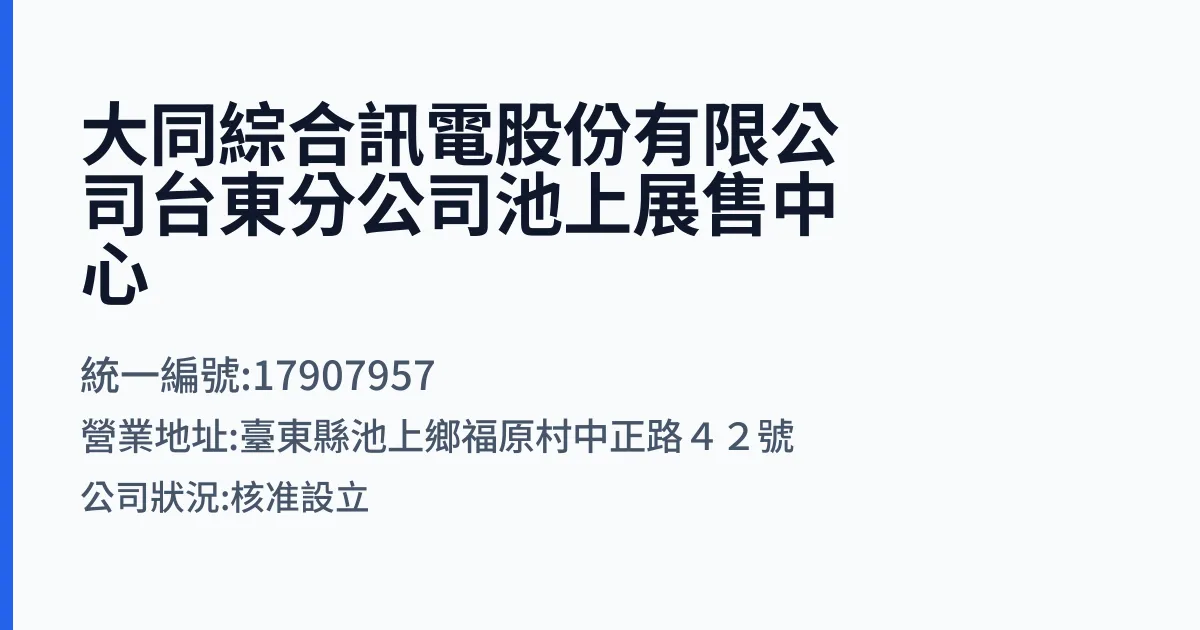 大同綜合訊電股份有限公司台東分公司池上展售中心 - 統編 17907957(臺東縣) 公司登記資料與營業項目詳細圖表