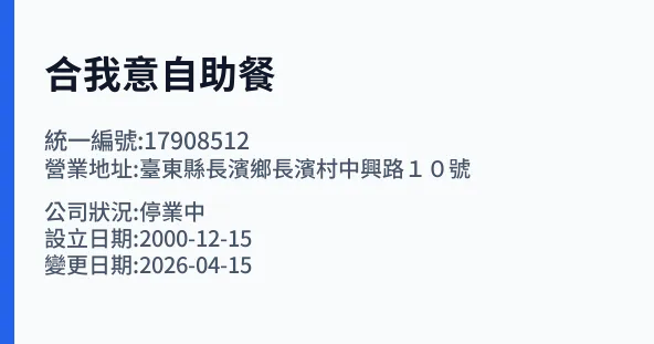 合我意自助餐的照片-統編 17908512(臺東縣) 公司登記資料與營業項目詳細圖表