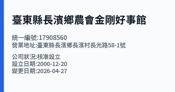 臺東縣長濱鄉農會金剛好事館的照片-統編 17908560(臺東縣) 公司登記資料與營業項目詳細圖表