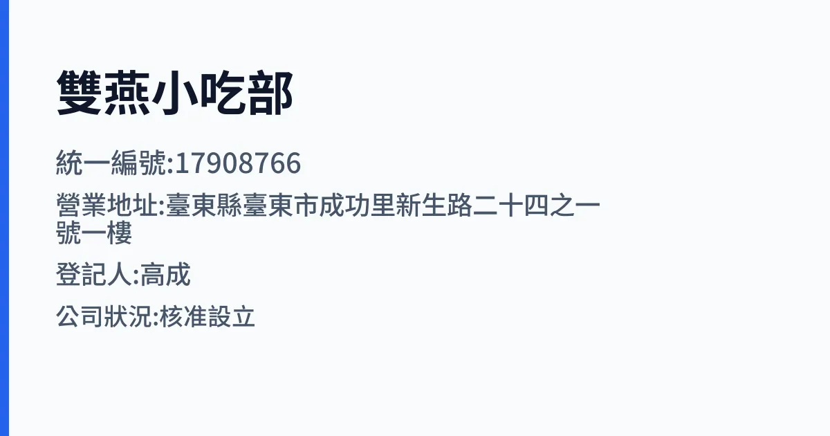 雙燕小吃部 - 統編 17908766(臺東縣) 公司登記資料與營業項目詳細圖表