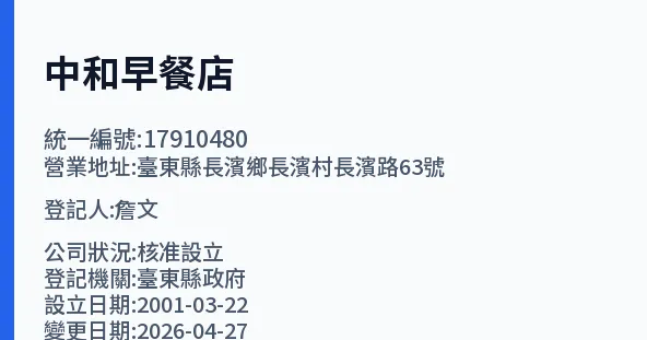 中和早餐店的照片-統編 17910480(臺東縣) 公司登記資料與營業項目詳細圖表