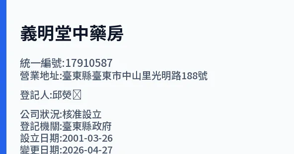 義明堂中藥房的照片-統編 17910587(臺東縣) 公司登記資料與營業項目詳細圖表