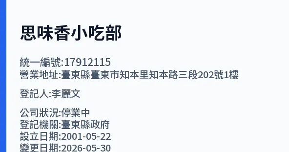 思味香小吃部的照片-統編 17912115(臺東縣) 公司登記資料與營業項目詳細圖表