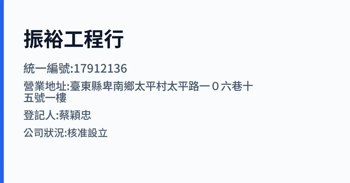 振裕工程行 - 統編 17912136(臺東縣) 公司登記資料與營業項目詳細圖表