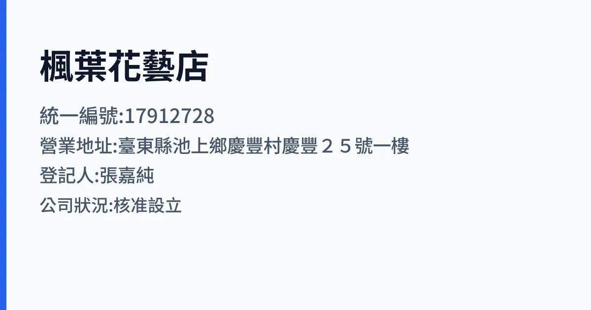 楓葉花藝店 - 統編 17912728(臺東縣) 公司登記資料與營業項目詳細圖表