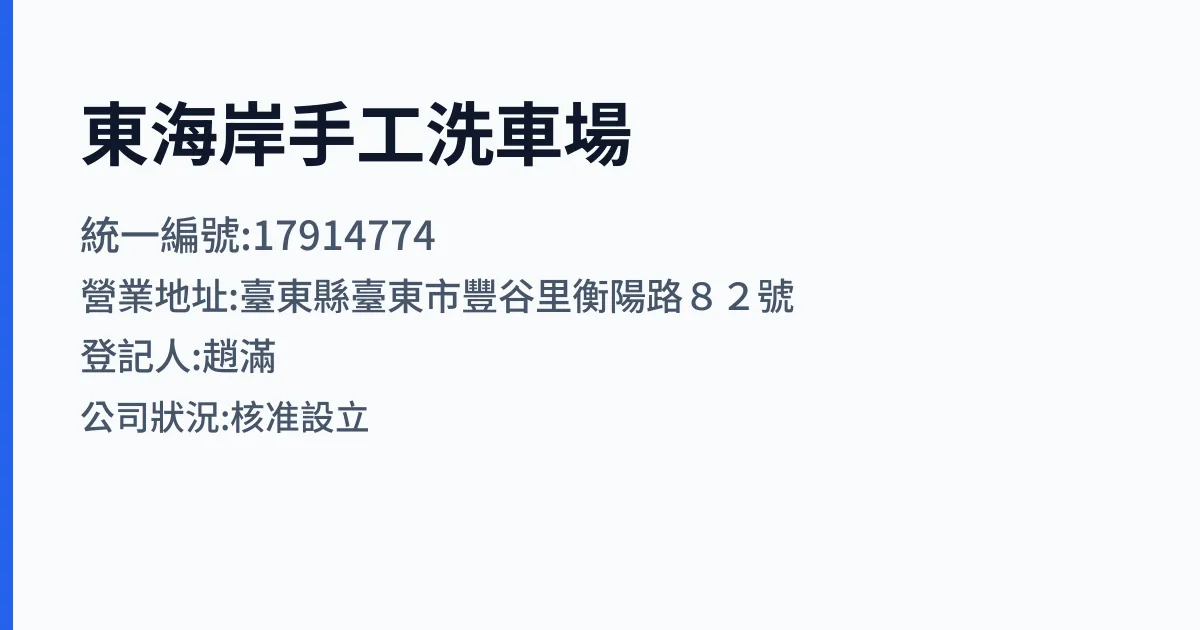東海岸手工洗車場 - 統編 17914774(臺東縣) 公司登記資料與營業項目詳細圖表