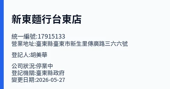 新東麵行台東店的照片-統編 17915133(臺東縣) 公司登記資料與營業項目詳細圖表