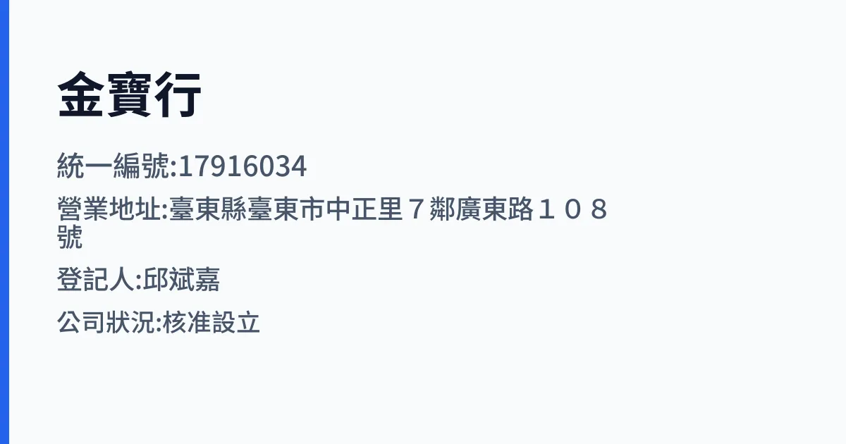 金寶行 - 統編 17916034(臺東縣) 公司登記資料與營業項目詳細圖表