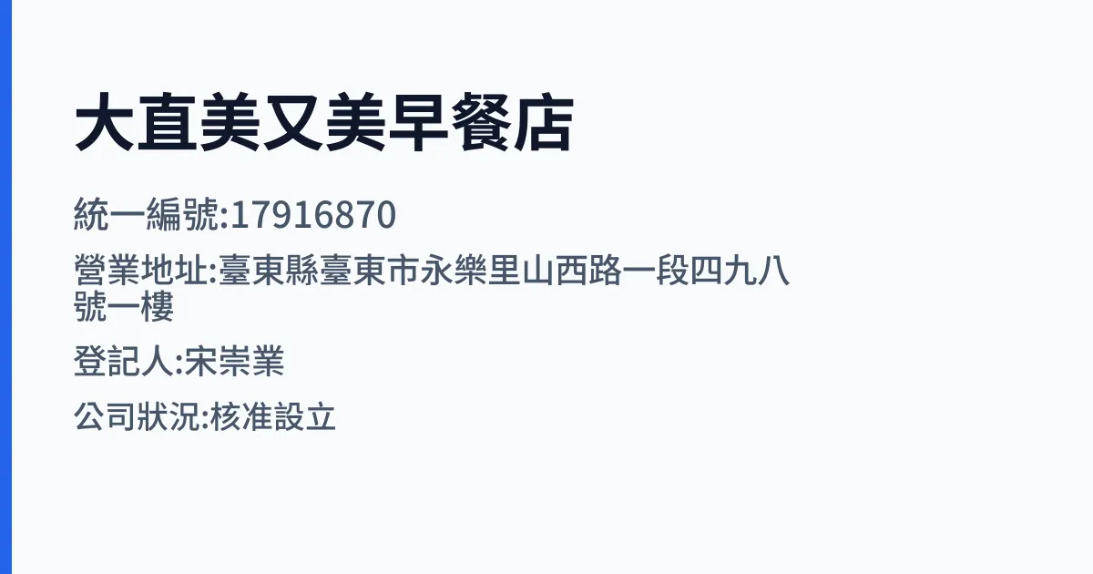 大直美又美早餐店 - 統編 17916870(臺東縣) 公司登記資料與營業項目詳細圖表
