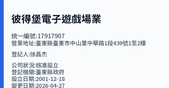彼得堡電子遊戲場業的照片-統編 17917907(臺東縣) 公司登記資料與營業項目詳細圖表