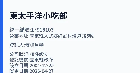 東太平洋小吃部的照片-統編 17918103(臺東縣) 公司登記資料與營業項目詳細圖表