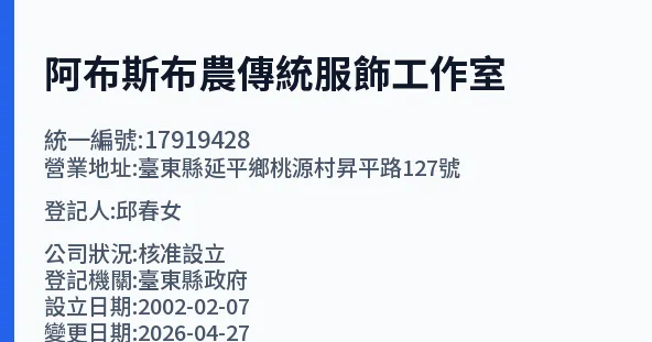 阿布斯布農傳統服飾工作室的照片-統編 17919428(臺東縣) 公司登記資料與營業項目詳細圖表