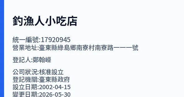 釣漁人小吃店的照片-統編 17920945(臺東縣) 公司登記資料與營業項目詳細圖表