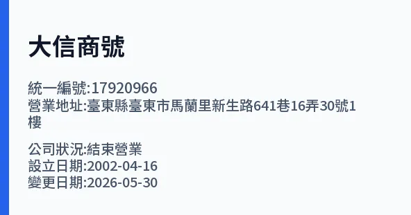 大信商號的照片-統編 17920966(臺東縣) 公司登記資料與營業項目詳細圖表