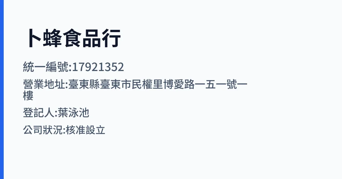 卜蜂食品行 - 統編 17921352(臺東縣) 公司登記資料與營業項目詳細圖表
