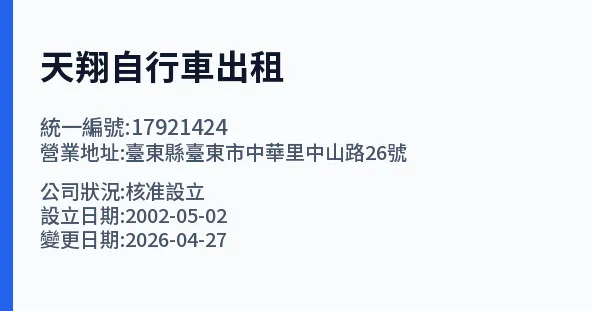 天翔自行車出租的照片-統編 17921424(臺東縣) 公司登記資料與營業項目詳細圖表