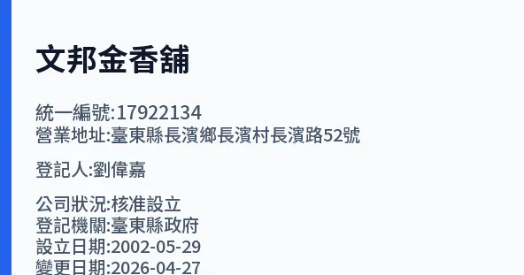 文邦金香舖的照片-統編 17922134(臺東縣) 公司登記資料與營業項目詳細圖表